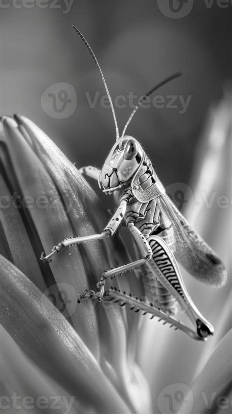 The Delicate Lines And Curves Of A Grasshopper Highlighted In Monochrome Black And White Art