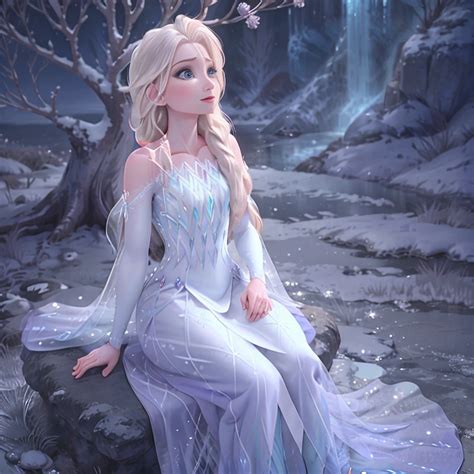 Disney Princess Sitting On A Rock In A Frozen Forest Seaart Ai