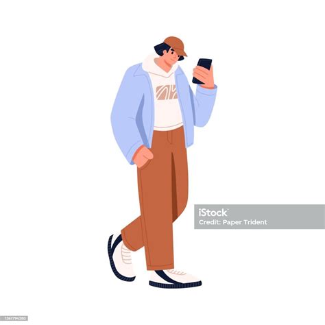 손에 휴대 전화와 함께 걷는 젊은 남자 이동 중에도 스마트폰을 사용하고 인터넷을 서핑하고 야외에서 문자 메시지를 보내는 현대식 핸드폰을 들고 있는 사람 흰색 배경에 격리된