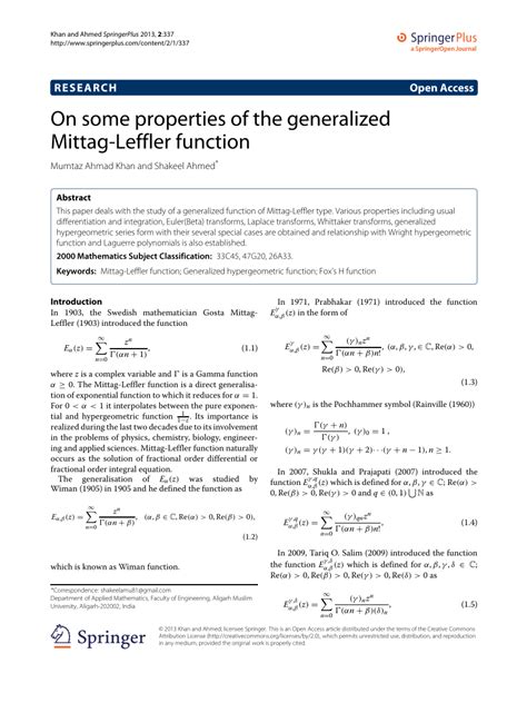 Pdf On Some Properties Of The Generalized Mittag Leffler Function