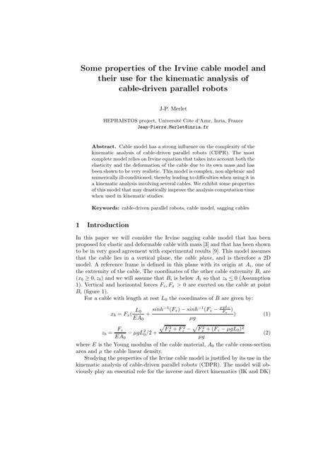 Pdf Some Properties Of The Irvine Cable Model And Their Use For The Kinematic Analysis Of