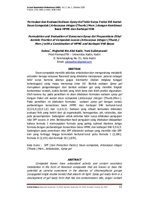 Pdf Formulasi Dan Evaluasi Sediaan Spray Gel Tabir Surya Fraksi Etil Asetat Daun Cempedak