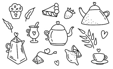귀여운 티 타임 요소 컬렉션 두들 차 세트 벡터 아이콘 찻주전자 찻잔과 찻주전자 티백 찻잎 레몬 딸기 찻잔 모듬 주전자 추출