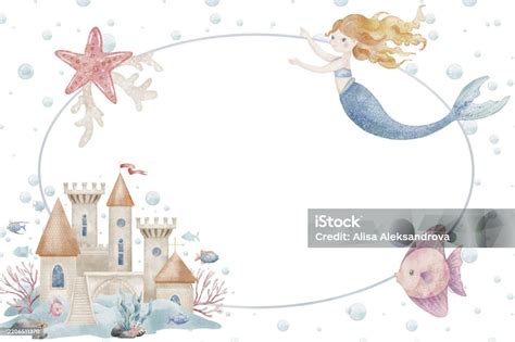 인어 물고기 수중 성이 있는 수채화 템플릿 어린이 초대장 유치한 인사말 카드 또는 아기 포스터를 위한 그림 배경에 대한 수중 생활과 해양 프레임 공주에 대한 스톡 벡터 아트