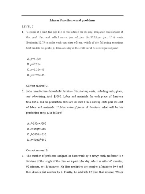 Linear Function Word Problems Question And Answers Ka Pdf Speed