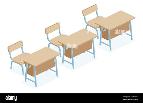 Isometric Three School Desk Tables And Chairs Vector Illustration Isometric Three School Desk Tables And Chairs Vector Illustration