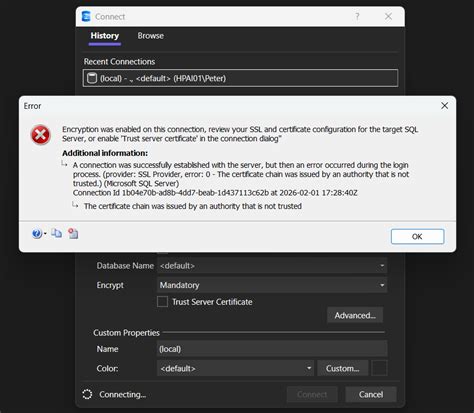 Ssms Certificate Chain Not Trusted Error Trust Server Certificate Fix