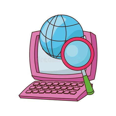 Desk Computer With Magnifying Glass And Global Sphere Stock Vector