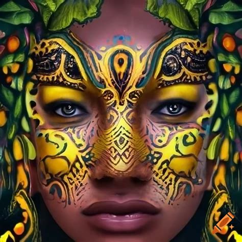 Gold Yellow And Copper Tribal Face In A Fungi Jungletwilight