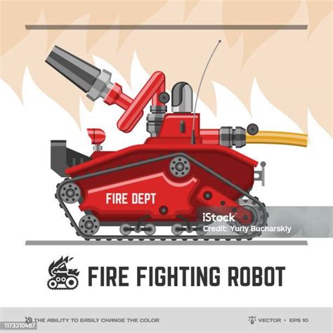 소방 로봇 플랫 일러스트 와 모바일 자율 추적 차량 Thermite 소방관 물 또는 거품 호스 모형 및 글리프 아이콘 소방관에 대한 스톡 벡터 아트 및 기타 이미지 Istock