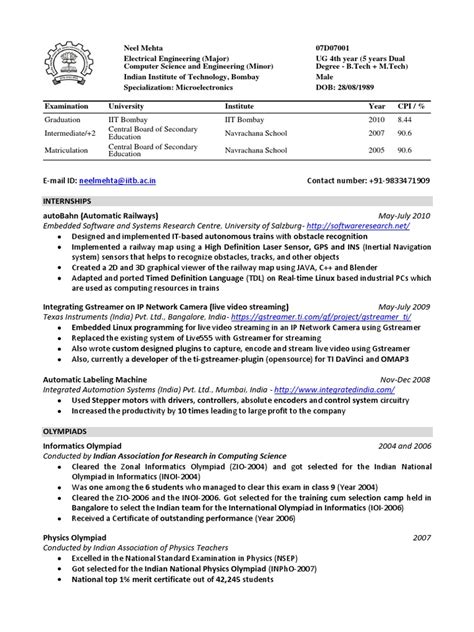 Neel Mehta Iitb Resume Embedded System Computer Science