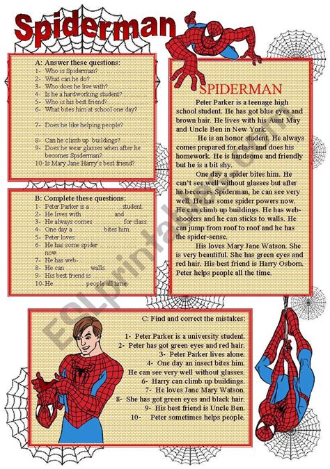 SPIDERMAN READING COMPREHENSION QUESTIONS The Simple Present Tense