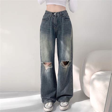 당일후기극찬 여름까지~숏and롱~xl 얇은 무파진 빈티지 무릎 찢청 디스트로이드 롱 와이드 하이웨스트 데님 팬츠 기장선택 키큰녀 키작녀 빅사이즈 기장선택 롱청바지 청바지