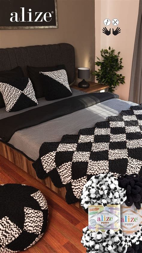 Alize Puffy Entrelac Blanket In 2025 Crochet Pillow Cover Puff Blanket Diy Finger Knitting
