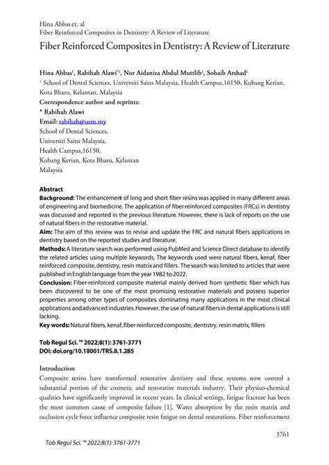 Pdf Fiber Reinforced Composites In Dentistry A Review Of Literature