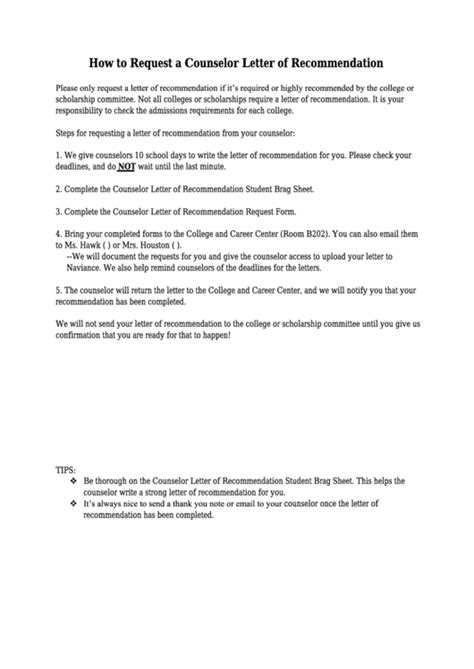 Fillable Counselor Letter Of Recommendation Request Printable Pdf Download