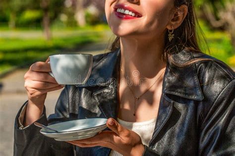 Girl Drinking Coffee Woman Holding Cup Hot Coffees In Hands Girl