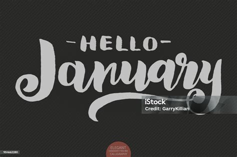 손으로 그린된 타이포 그래피 레터링 문구 안녕하세요 1 월와 어두운 배경에 고립 겨울 초대 카드 인쇄 등 인사에 대 한 브러시 잉크 서 비문 12월에 대한 스톡 벡터 아트