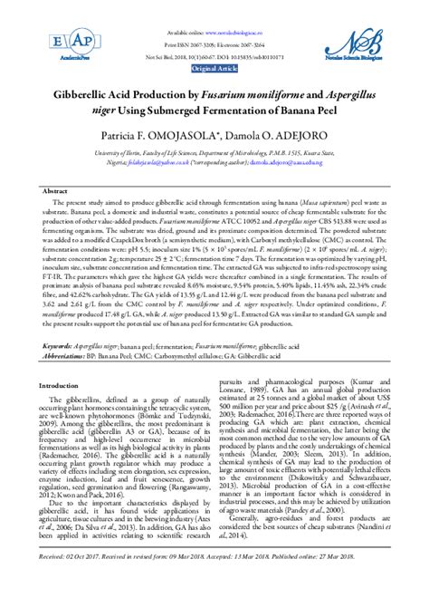 Pdf Gibberellic Acid Production By Fusarium Moniliforme And