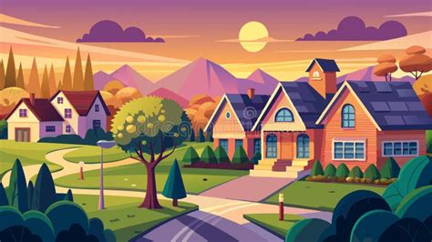 Suburban Landscape At Sunset Or Sunrise Morning Or Evening Cartoon