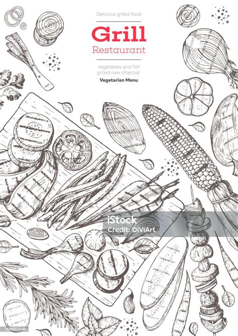구운 고기와 야채 상단 보기 프레임 벡터 그림입니다 새겨진 디자인 손으로 그린 그림 그릴 레스토랑 메뉴 디자인 템플릿 그릴에 음식 개체 그룹에 대한 스톡 벡터 아트 및 기타