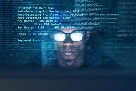 Coding Hacker Man And Overlay With Computer At Night For Cyber Attack