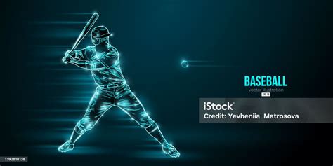 파란색 배경에 야구 선수의 추상적인 실루엣 야구 선수 타자가 공을 친다 벡터 일러스트 레이 션 3차원 형태에 대한 스톡 벡터 아트 및 기타 이미지 Istock