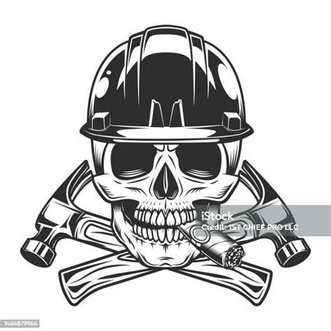 시가 또는 담배 연기를 피우는 두개골과 신축 및 리모델링 주택 비즈니스 빈티지 스타일의 고립된 벡터 일러스트레이션에서 안전모를 쓴 빌더 망치를 교차 Diy에 대한 스톡 벡터