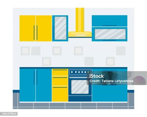 찬장 사이드 테이블 스토브 오븐 추출기 후드가있는 현대적인 주방 인테리어 플랫 스타일로 벡터 그림입니다 웹사이트 전단지 잡지 포스터 용 디자인 가구에 대한 스톡 벡터 아트