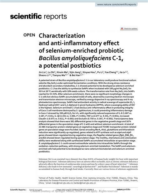 Pdf Characterization And Anti Inflammatory Effect Of Selenium Enriched Probiotic Bacillus