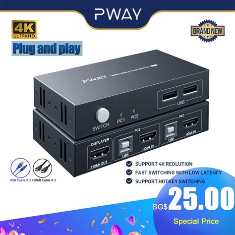 Pway Kvm Switch Hdmi Splitter Keyboard Mouse Printer Switcher Usb Hub Hd Video 4k30hz 2 In 1 Out