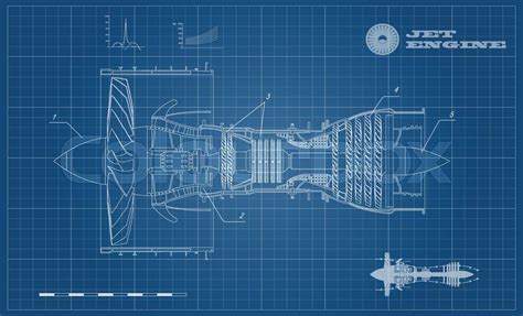 Jet Engine Of Airplane In Outline Style Industrial Aerospase Blueprint Drawing Of Plane Motor