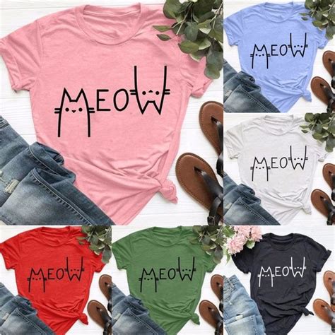 2019 Women Fashion Cute Kitten Printed Funny T Shirts Meow Letter