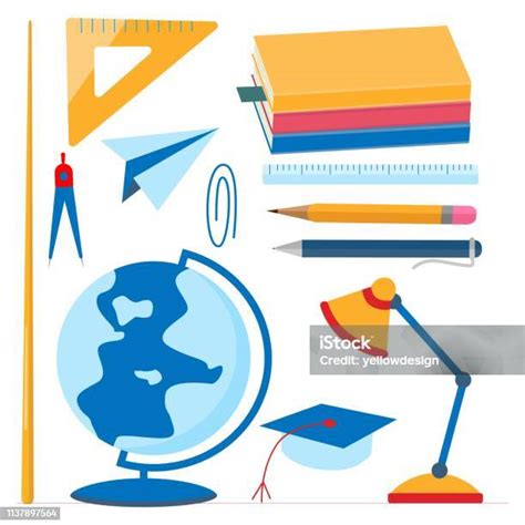 학교 용품 세트입니다 지구본 교과서 포인터 나침반 펜 연필 눈금자 개념에 대한 스톡 벡터 아트 및 기타 이미지 개념 개체 그룹 계산기 Istock