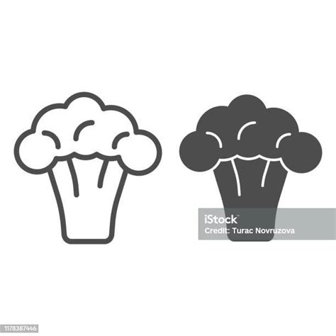 브로콜리 라인과 글리프 아이콘 흰색에 고립 된 비타민 식품 벡터 그림 유기농 야채 개요 스타일 디자인 웹 및 응용 프로그램을 위해 설계 Eps 10 0명에 대한 스톡 벡터