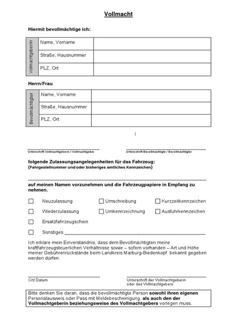Vollmacht Kfz Zulassung Pdf Pdf