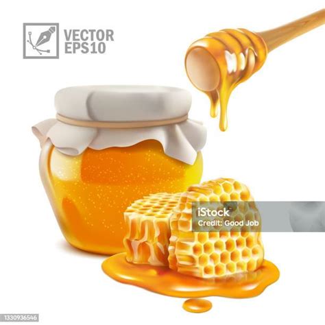 3d 사실고립 벡터 꿀 항아리와 웅덩이에 벌집 조각에 흐르는 액체 꿀스틱 꿀에 대한 스톡 벡터 아트 및 기타 이미지 꿀 끈적거리는 웅덩이 Istock