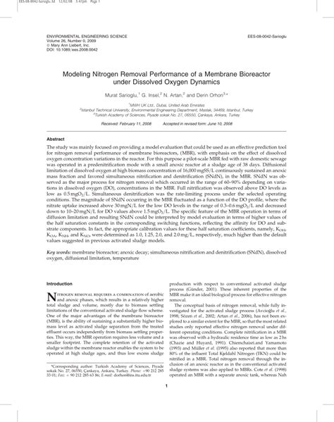 Pdf Modeling Nitrogen Removal Performance Of A Membrane Bioreactor