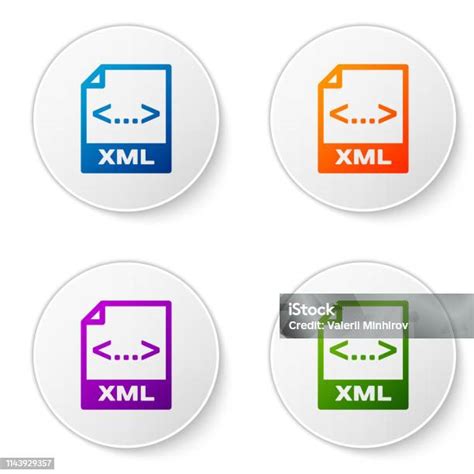 색상 Xml 파일 문서 아이콘입니다 다운로드 Xml 버튼 아이콘 흰색 배경에 고립 Xml 파일 기호입니다 원 버튼에 아이콘을 설정 합니다 벡터 일러스트 0명에 대한 스톡