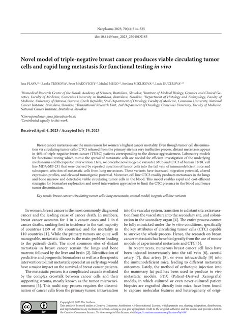 Pdf Novel Model Of Triple Negative Breast Cancer Produces Viable Circulating Tumor Cells And