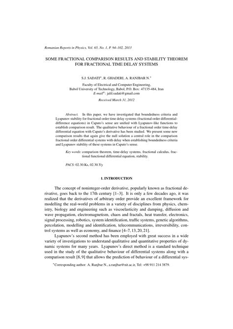 PDF Some Fractional Comparison Results And Stability Theorem For Fractional Time Delay Systems