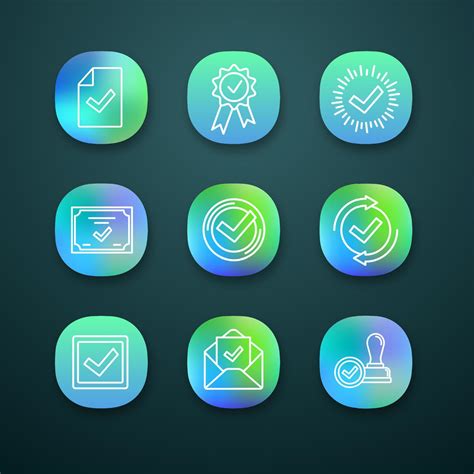 Approve App Icons Set Document Verification Award Medal Check Mark Certificate Checking