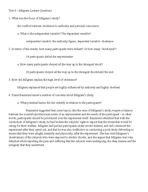 Test 4 Milgram Test 4 Milgram Lecture Questions What Was The