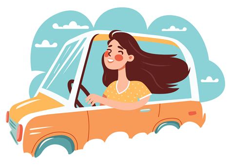 Cute Contented Girl Rides On A Small Car Flat Vector Illustration