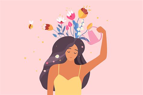 자기 사랑 정신 건강 머리에서 자라는 꽃에 물을 주기 위해 물뿌리개를 들고 있는 여자 여자에 대한 스톡 벡터 아트 및 기타