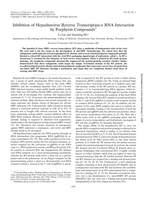 Pdf Inhibition Of Hepadnavirus Reverse Transcriptase Rna Interaction