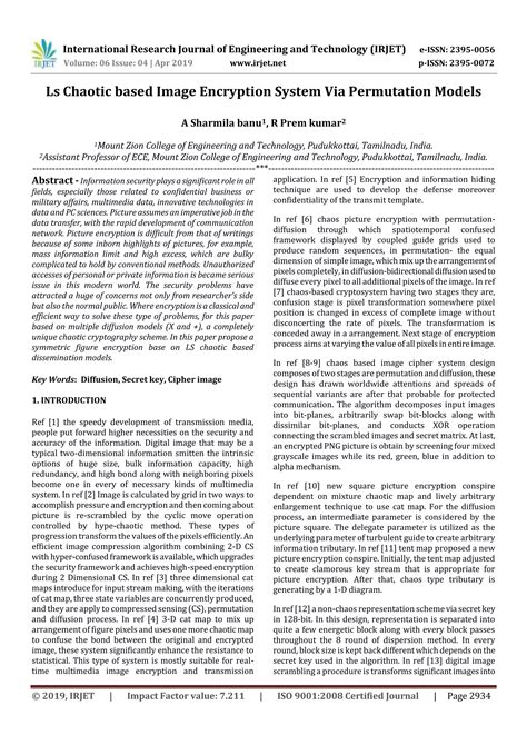 Irjet Ls Chaotic Based Image Encryption System Via Permutation Models Pdf