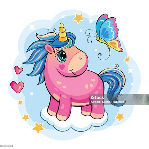 흰색 배경에 만화 재미있는 유니콘 나비 별 구름과 심장 귀여운 작은 조랑말 원더랜드 스티커 또는 인쇄를위한 멋진 고립 된 그림 친구 가족을위한 포스터 벡터 0명에 대한 스톡