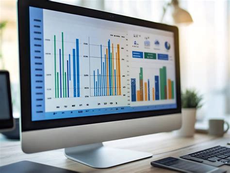 Computer Screen Displays Colorful Bar Graph On A Desk With Office Supplies Stock Illustration