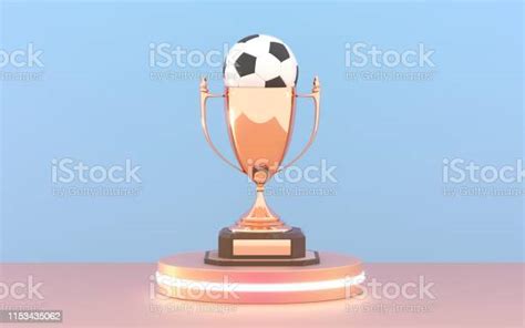 연단에 축구공과 황금 트로피 컵 승자 컵과 축구공 축구 공을 가진 나무 선반에 빛나는 황금 트로피 수상 3d 렌더링 금속에 대한 스톡 사진 및 기타 이미지 Istock